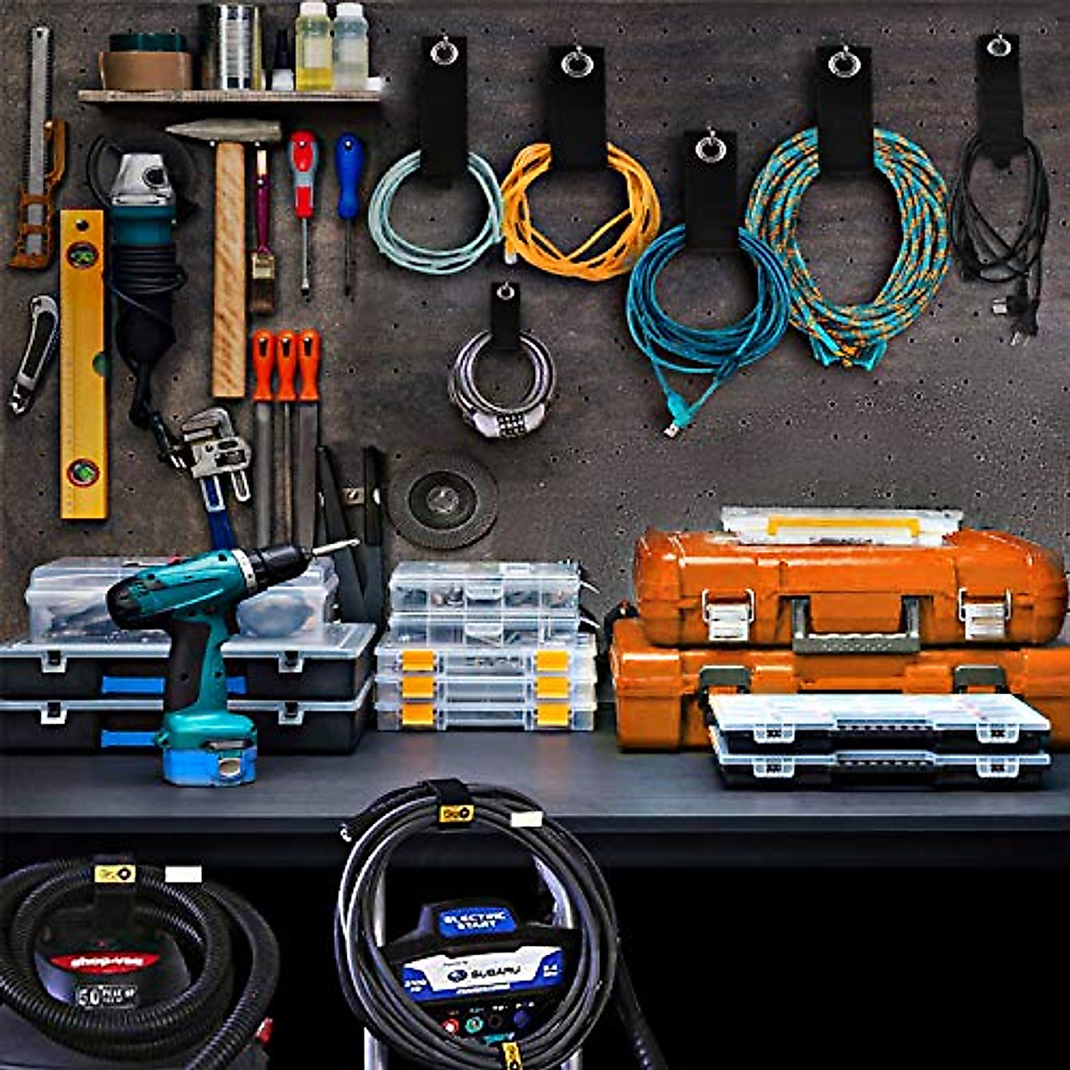 SMARTOLOGY Garage Wall Hooks Set with 9 Pack Cord Storage Straps