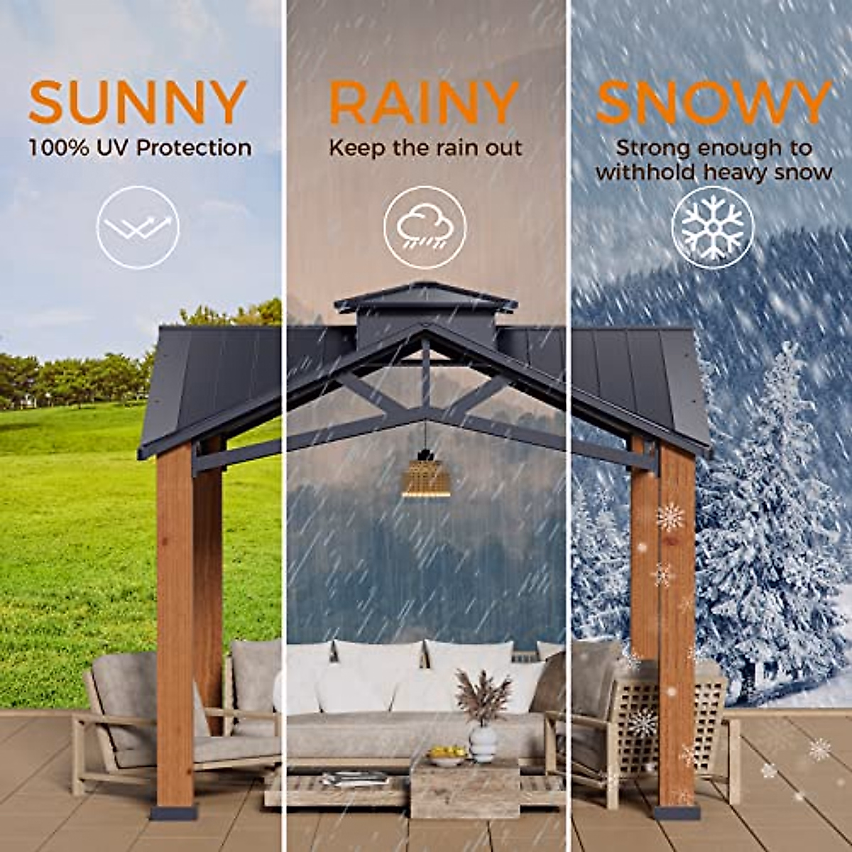 Erinnyees 12' x 12' Octagonal Hardtop Gazebo, Aluminum Frame with Wood Grain Finish, Double-layer Galvanized Steel Roof, Fully Enclosed Sidewall, Easy to Assemble