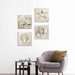 Coastal Serene Canvas Wall Art: Shells on Beach Sand Giclee Print Painting for Wall Decor for SPA Room (12''x12''x4pcs)
