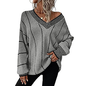 AlvaQ Women Sweaters Winter Fall Fashion Color Block Striped Sweaters Casual Long Sleeve V Neck Pullover Knit Jumper Tops Gray Medium