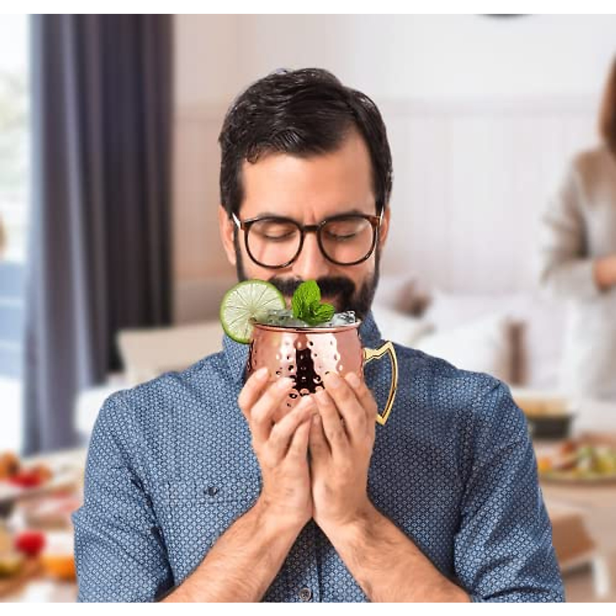 ARTISANS VILLAGE Moscow Mule Mugs | Set of 4 | 100% Pure Copper Solid Mugs | Gold Brass Handles | Size 16 oz | BONUS: Premium Straws and Shot Glass