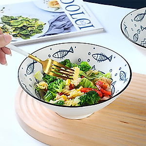 QINLANG 32 oz Japanese Ramen Bowls Set of 6, Pho Bowls, 8 Inches Blue and White Ceramic Soup Bowls, Fish Pattern