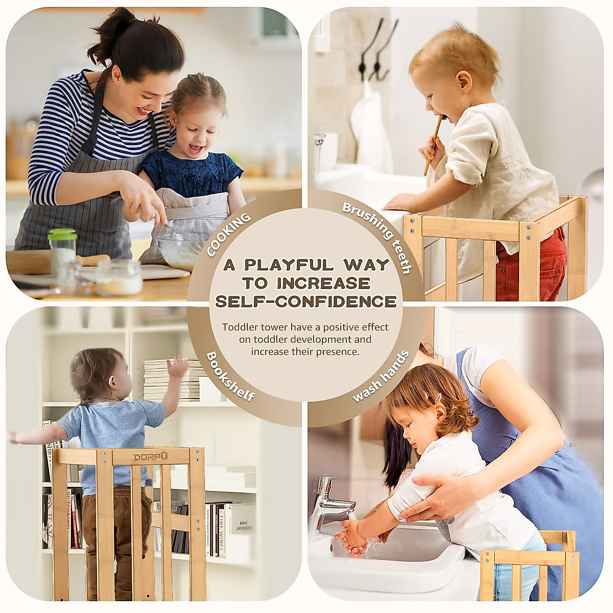 DORPU Toddler Tower, Adjustable Height Toddler Step Stool with CPC Certification, Safety Rail & Anti-tip Feet & Non-Slip Tapes Vertical Guardrail Toddler Stool for Kitchen, Natural Bamboo