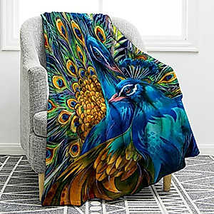 Jekeno Peacock Blanket Colorful Peacock Gifts Print Throw Blanket Peacock Decor Cozy Warm for Home Bedroom Sofa Office 50"x60"