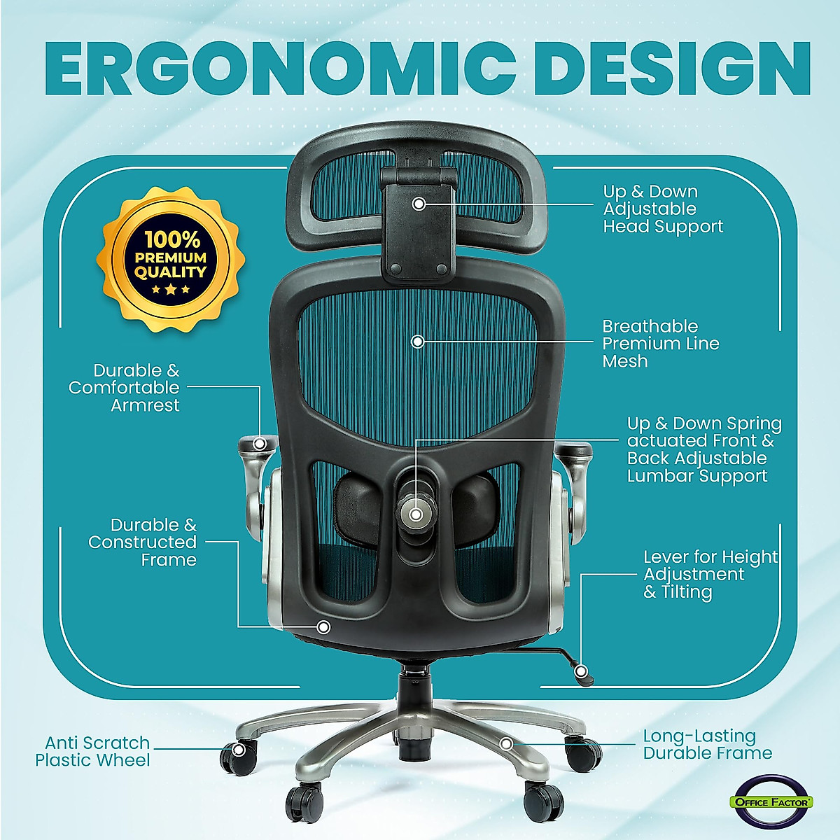 OFFICE FACTOR 500 Lbs Rated Ergonomic Big and Tall Office Chair Flip-Up arms, Mesh Office Chair, Swivel Office Chair with Anti Scratch Wheels, Mesh Executive Chair (Black with Headrest)