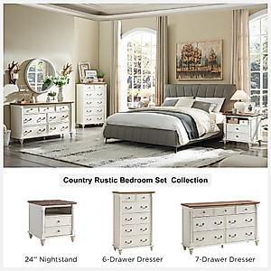 T4TREAM Farmhouse 7 Drawers Dresser Chests for Bedroom w/ 4 Solid Wood Feet & Column Decor, Tall Wide Wood Country Rustic Chest of Drawers, Storage Dressers for Bedroom, Living Room, Antique White