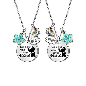 Best Friends Gift For Girls,2pcs Silver Pendant Long Necklaces "Just A Girl Who Love Stitch" For Girls BFF Bestie Friends Classmates Roomates Birthday Christmas Graduation