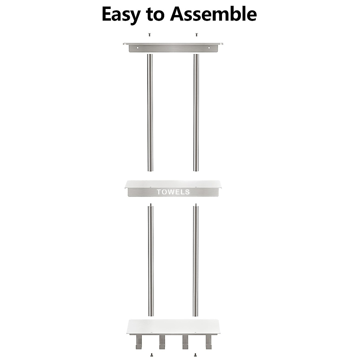 Bathroom Towel Storage, Towel Racks for Bathroom with 3-Tier Shelf & 4 Hooks, Towel Holder for Bathroom Wall for Rolled Bath Towels, Brushed Nickel