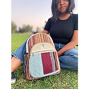 Cotton stripe and hemp backpack, 13" himalayan hemp backpack, hiking backpack, fair trade bag, free spirit bag, hippie bag, nepali bag, boho bag