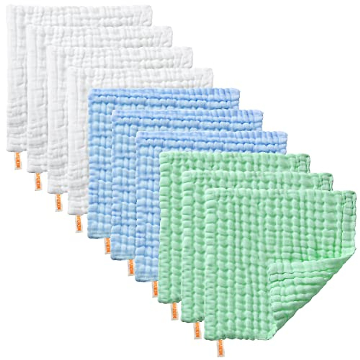 MUKIN Baby Washcloths - Soft Face Cloths for Newborn, Absorbent Bath Face Towels, Baby Wipes, Burp Cloths or Face Towels, Baby Registry as Shower. Pack of 10 (Green,Blue,White)