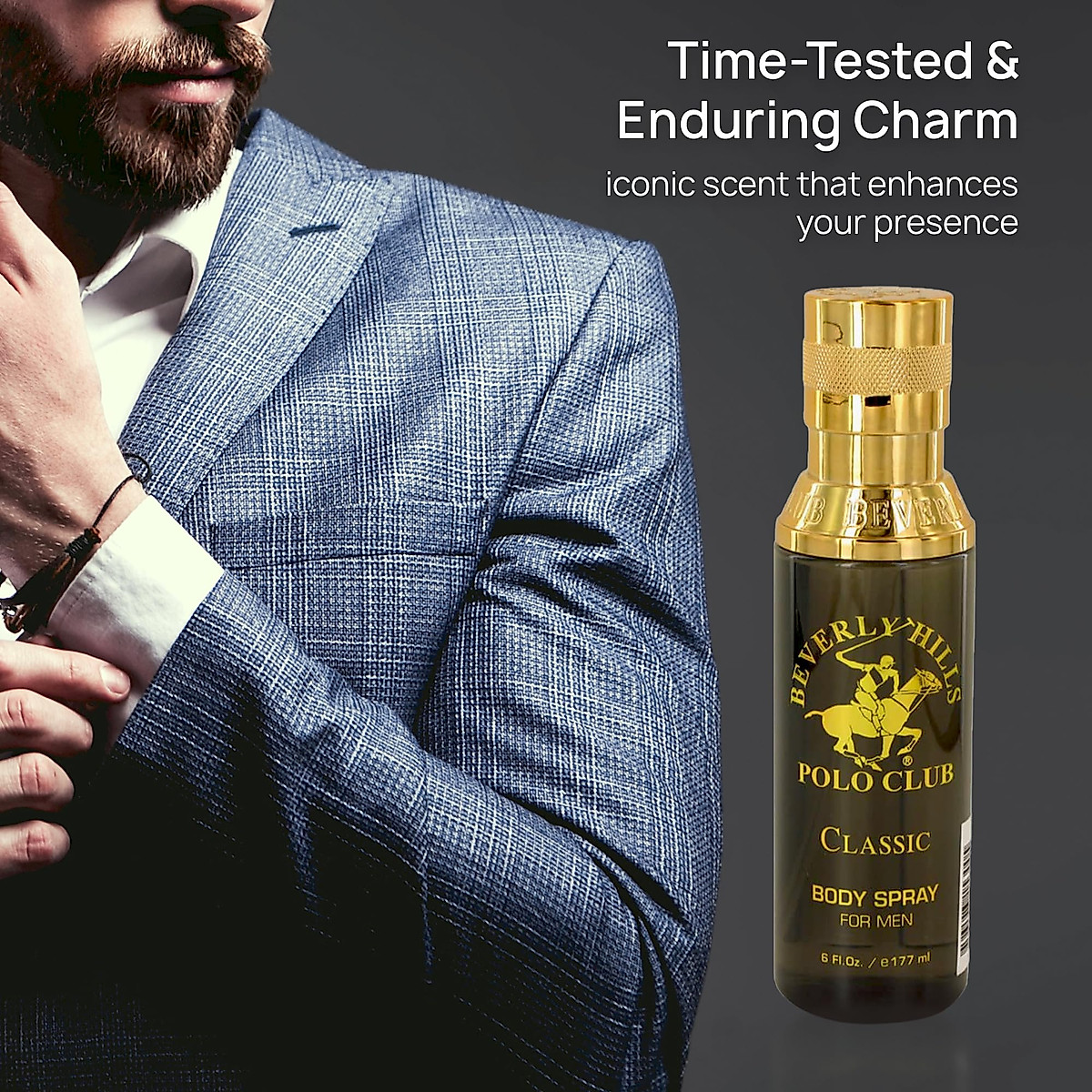 Beverly Hills Polo Club Body Spray for Men - BHPC Classic - Notes of Patchouli, Cedar, Vetiver, Ambergris & Musk - Long Lasting Cologne Scents - Ideal Gift for Him, 6oz