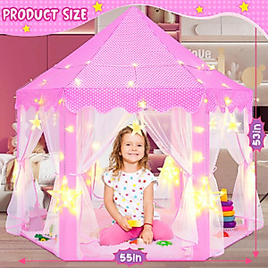 KIXINWA Pink Princess Tent for Girls, Kids Play Tent with LED Large Star Lights, Castle Playhouse Tent for Children Toddlers Indoor Outdoor Games, 55×53 Inches