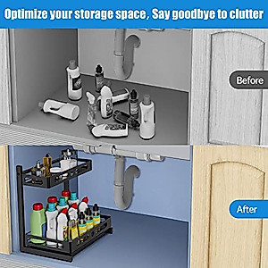 MOSTWOGO Sliding Under Sink Organizers and Storage, 2-Tier Carbon Steel Under Sink Organizer, Insert Adjustable Drawer-Bathroom Cabinet Organizer, No-Rust Under Sink Storage for Kitchen/Bathroom