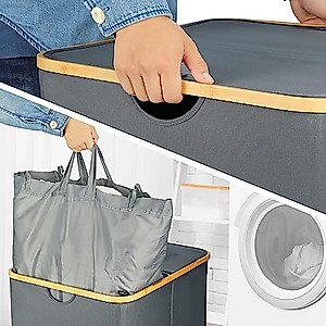 Graciadeco 170L Double Laundry Basket with Lid Foldable Extra Large 2 compartment Laundry Hamper with Handles Dirty Clothes 2 section Hamper for Laundry Bamboo Bathroom Bin Bedroom Closet, Grey