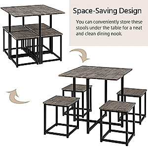 Yaheetech 5-Piece Dining Table Set - Industrial Kitchen Table & Chairs Sets for 4 - Compact Table with 4 Stools & Space-Saving Design for Apartment, Small Space, Breakfast Nook, Drift Brown
