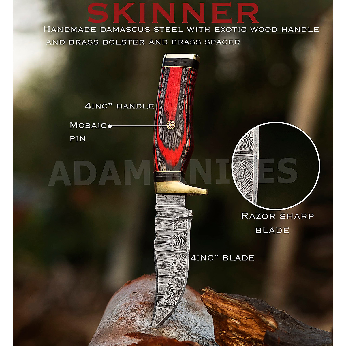ADAM KNIVES Handmade Damascus Steel Hunting Knife | Skinning Knife | Skinner Knife | 102 Woodsman Fixed Blade Hunting Knife With Leather Sheath | Unique Gift (Red & Black)