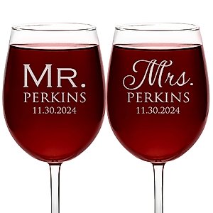 Lifetime Creations Pair (2) Engraved Personalized Mr. & Mrs. Wine Glasses 19 oz - Stemmed Wine Glass Wedding Gift for Bride & Groom, Newlywed Engagement Gift, Dishwasher Safe