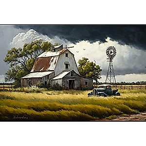 Old Barn Truck Windmill Farm Art Canvas Print (12"x16")