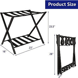 Heavy Duty Luggage Rack Folding Metal Suitcase Luggage Stand with Storage Shelf-2 Tiers, Black