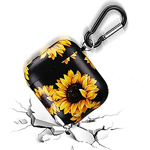 Qokey Compatible with Airpods Case,Flower Floral Pattern Cute Case for Women Girls Soft Silicone Wireless Charging Case Chrome Keychain Portable & Shockproof Accessories Kit for AirPods 1/2 Sunflowers