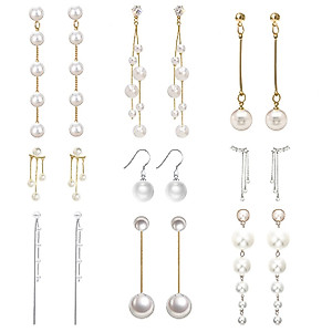SAMOCO 9 Pairs Big Simulated Pearl Long Tassel Drop Earrings for Women Double Sided Front Back Pearl Earrings Cross Imitation Pearl Dangle Earrings