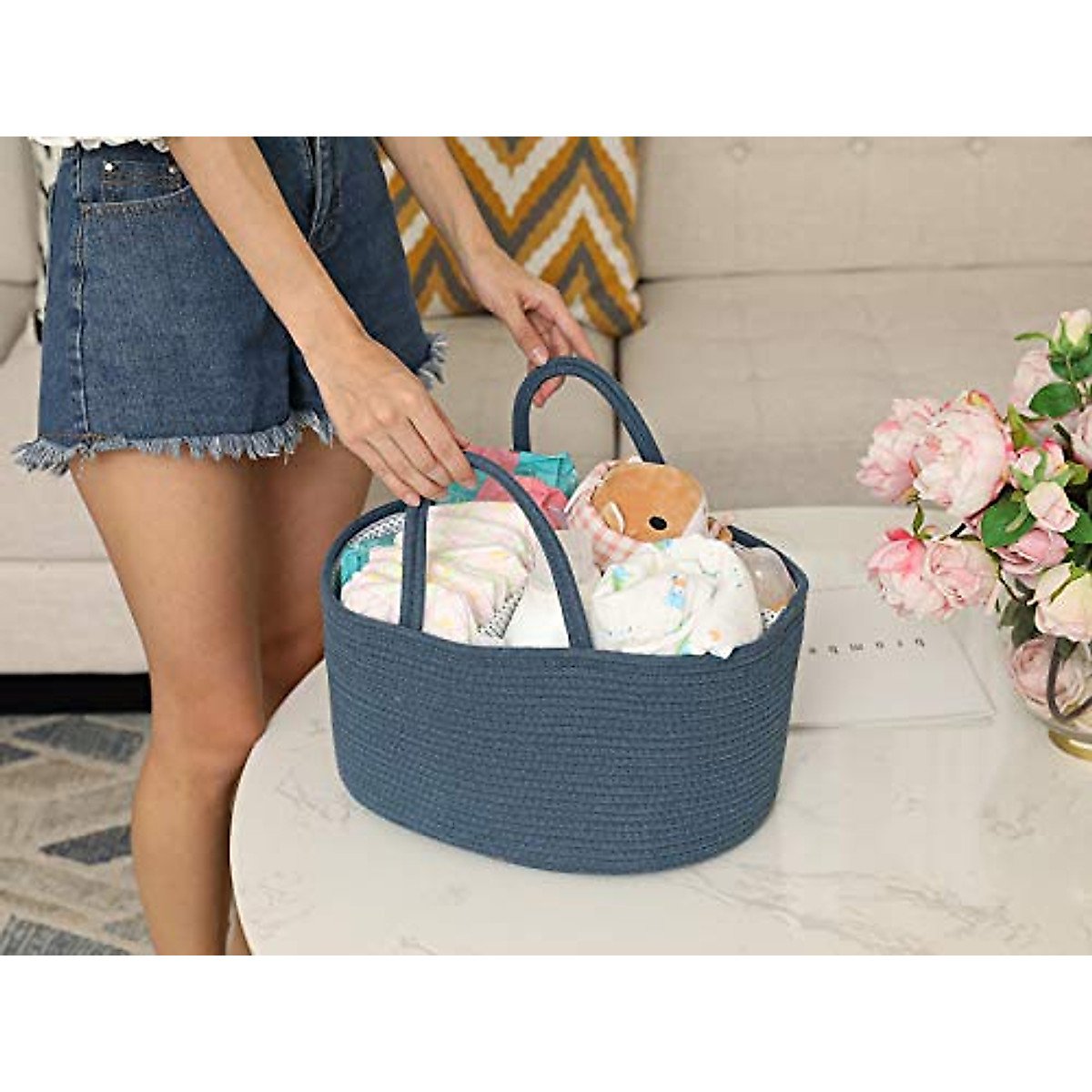 Cotton Rope Caddy with Removable Divider, Nursery Storage Organizer Blue Large