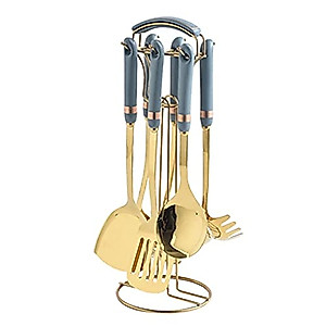 WUDILU Nordic style Stainless Steel Cookware Kitchenware Sets kitchen Tools Ceramic Handle Hook Up Storage Metal Shovel Spoon (Color : 01)