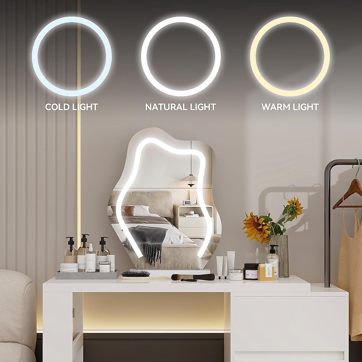 ARTETHYS Vanity Desk with Mirror and Lights White Makeup Desk with Storage Chair and Drawers Corner Vanity Table Set with Hanger and Storage Shelves