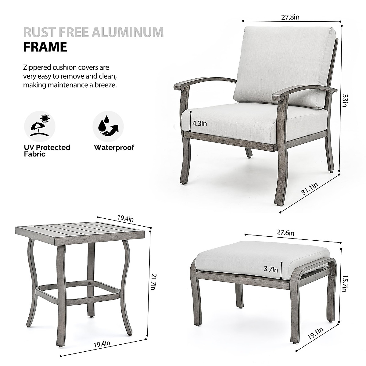 HAPPATIO 5 Piece Aluminum Outdoor Patio Furniture Set, Patio Chairs with Ottomans and Side Table, Balcony Furniture, Patio Conversation Set for Porch Garden (Gray)