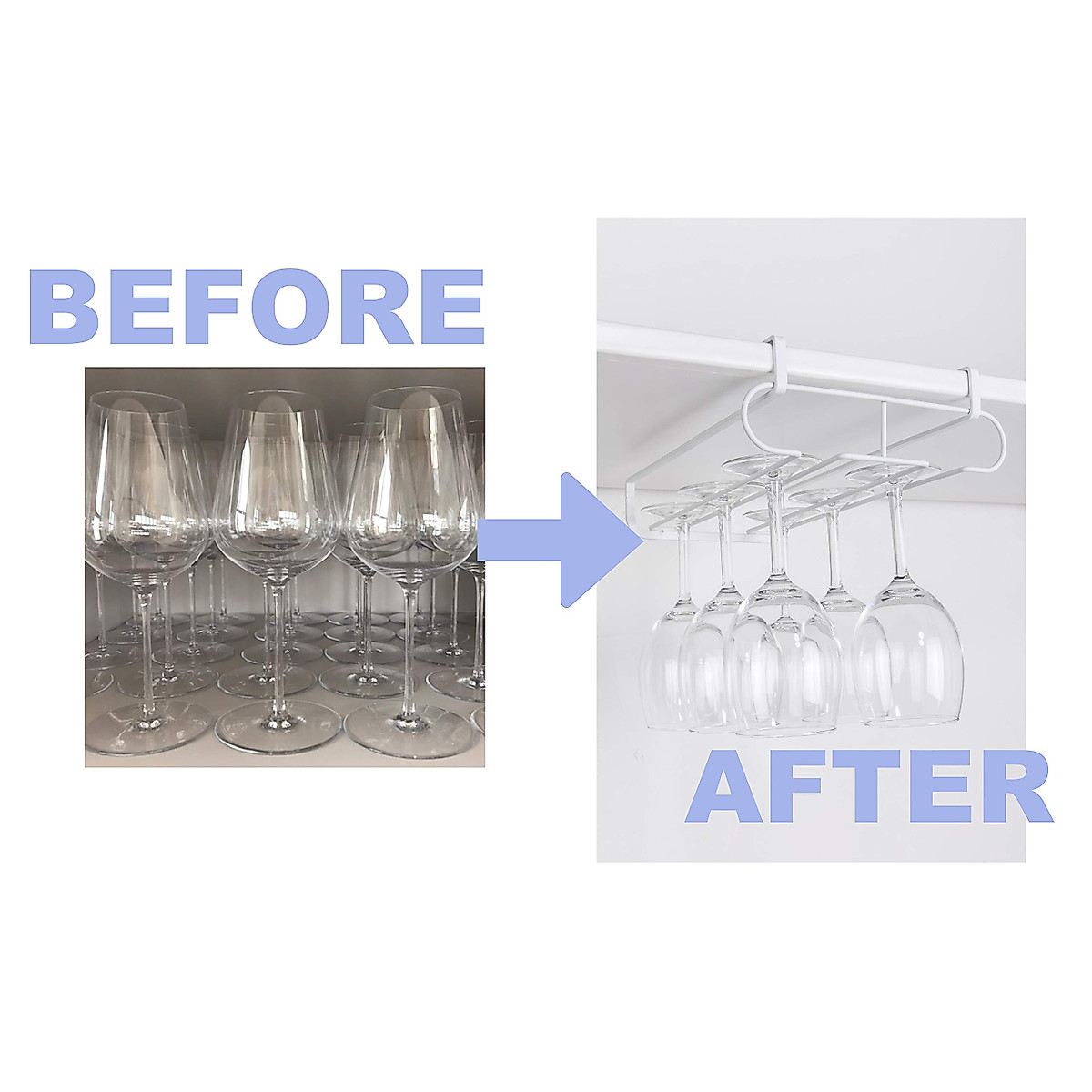 [HomTory] NO DRILLING Nail Free Stemware Wine Glass Metal Hanger Rack Organiser with 4 S-Hooks Combo - Holds Wine Glass, Mug, Utensil, Kitchenware, Stemware for Cabinet, Bar, Shelf, Kitchen
