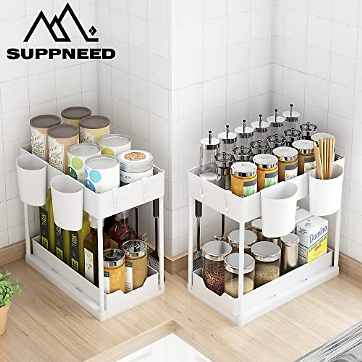 SUPPNEED 2-Tier Under Sink Organizer and Storage,Sliding Under Bathroom Cabinet Storage Drawer Organizer with Hooks, Hanging Cups, Multi-purpose Under Sink Shelf Organizer, White, 2 Pack