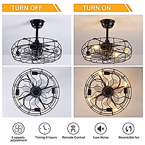 Caged Ceiling Fan with Light Modern Industrial Ceiling Fans with Lights Remote Control Farmhouse Ceiling Fan Light Gazebo Fan light for Patio Kitchen Living room Entrance Indoor Outdoor Black