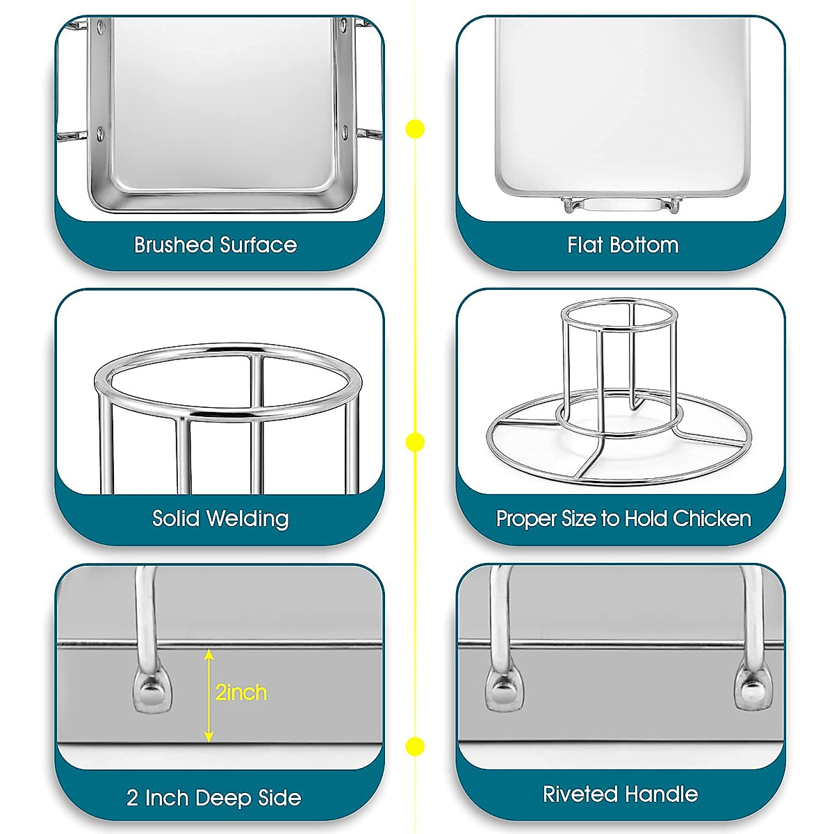 TeamFar Roasting Pan with Beer Can Chicken Holder, Stainless Steel Drip Pan with Vertical Rack Stand for Grill Oven Smoker, Healthy & Heavy Duty, Easy Clean & Dishwasher Safe, (1 Pan + 1 Rack)