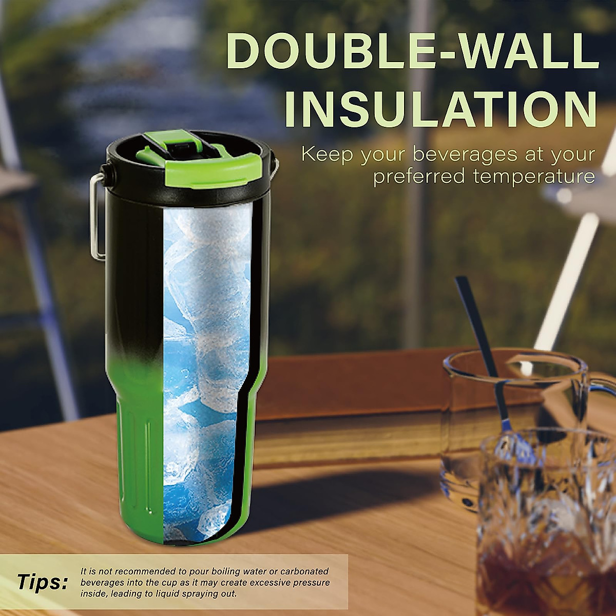 Brwacoz Vacuum Insulated Tumbler with LeakProof Straw Lid and Portable Handle, Reusable Stainless Steel Water Bottle with Non-slip Bottom Pad, Cupholder Friendly Travel Coffee Mug, 28oz, Green