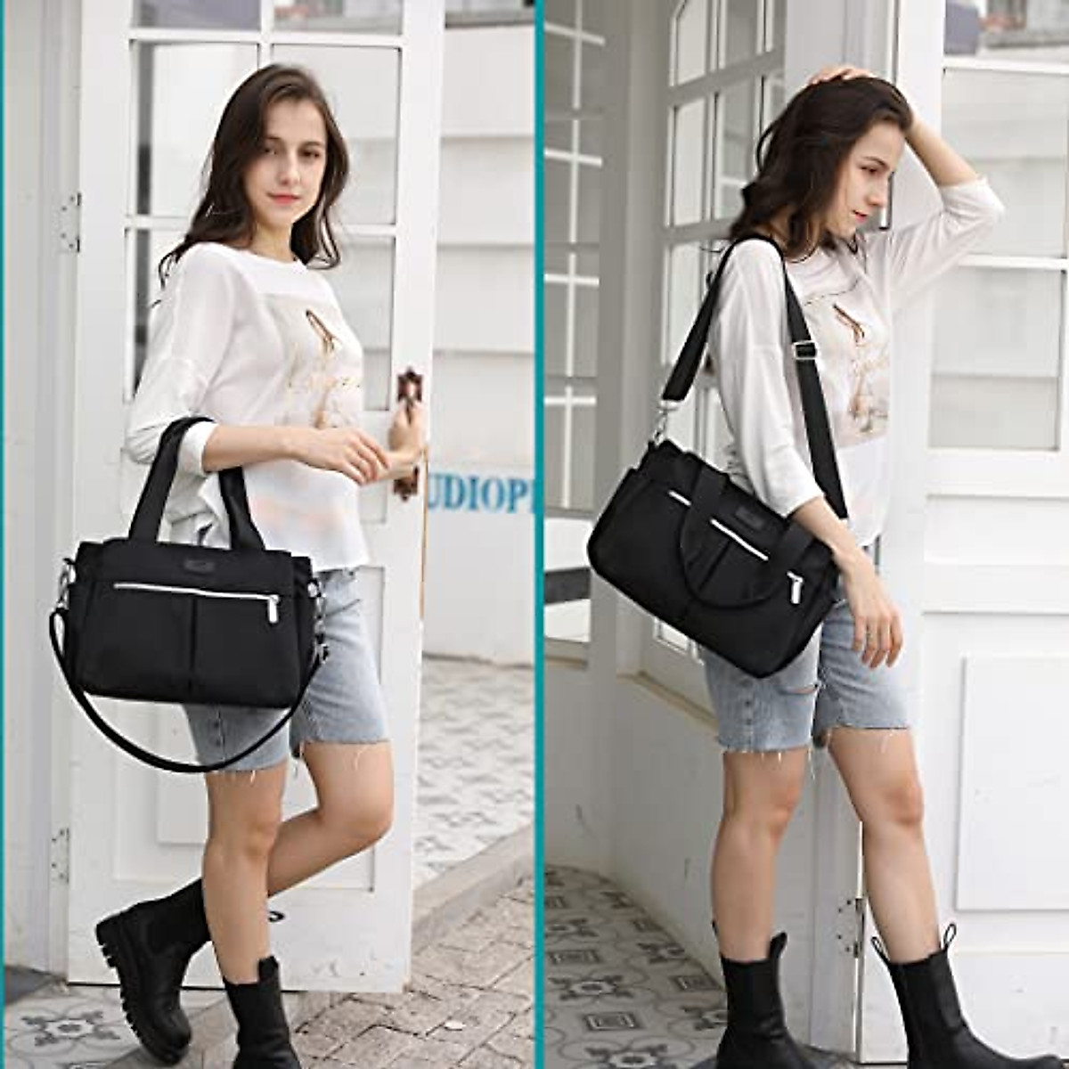 DOURR Hobo Handbags Light Nylon Crossbody Bag for Women, Multi Compartment Tote Purse Bags (Black)