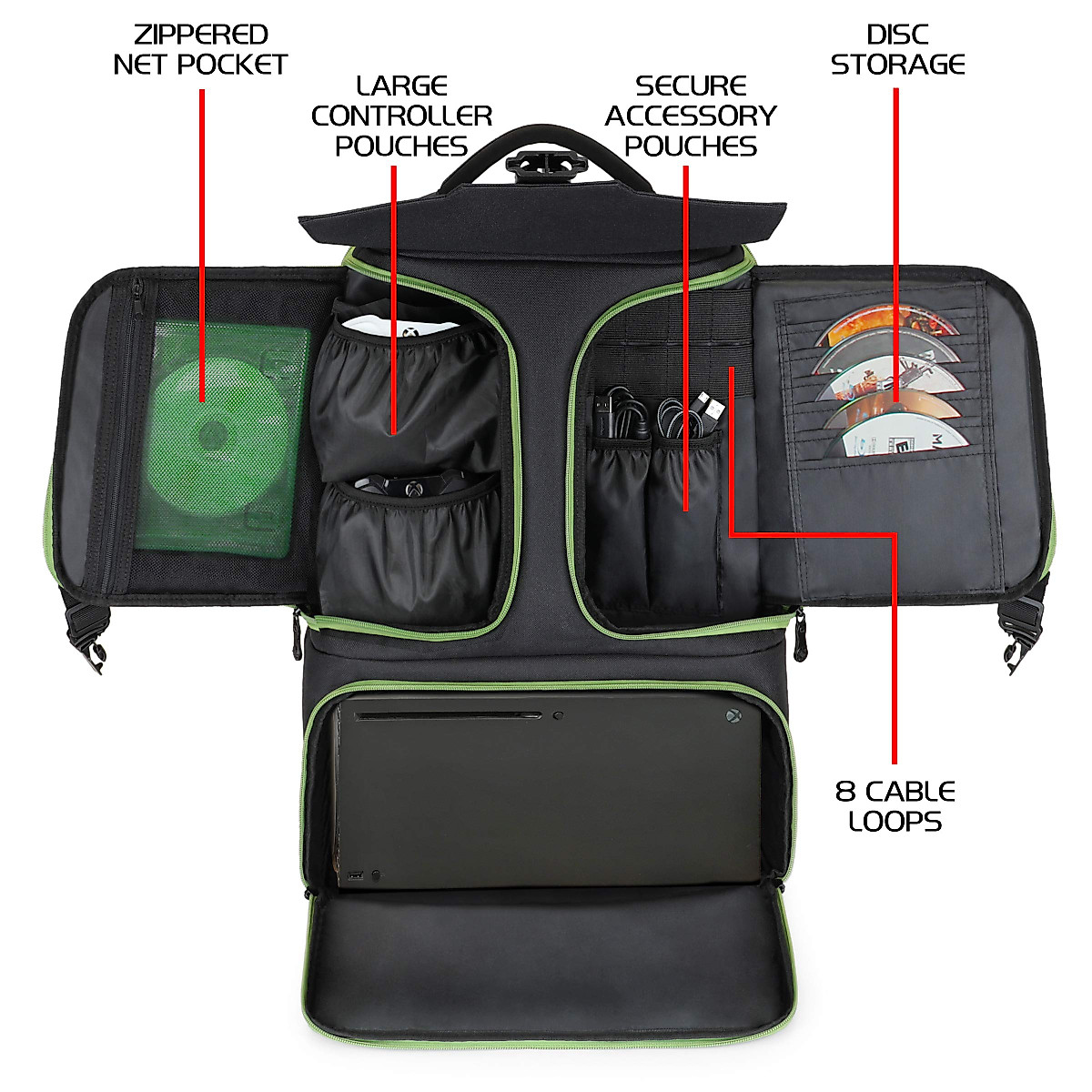 ENHANCE Console Gaming Backpack Compatible with Xbox Series X , Xbox Series S - Xbox Series X Carrying Case with Compartments for Controllers, Games & Accessories - Headset Storage , Zippered Pockets