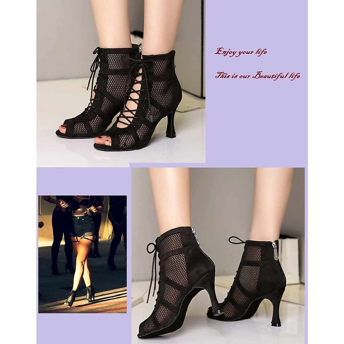 WEISPER Women's Latin Dance Shoes Ballroom Peep Toe Ankle Boots Ballroom Salsa Jazz Bachata Tango Performance(8,S951-Heel 3inch)