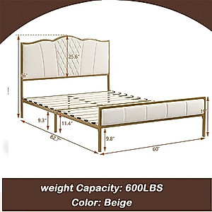 Queen Size Platform Bed Frame with Upholstered Headboard, Platform Bed Frame with Metal Frame & Sturdy Wood Slat Support, No Box Spring Needed for Bedroom Family Furniture Boys Girl (Queen, Beige)