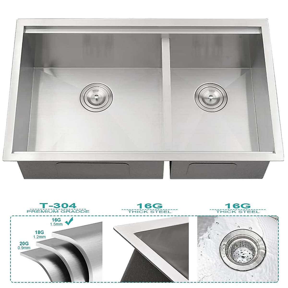 33 Undermount Workstation Kitchen Sink - iAnomla 33 x19 Inch Undermount Kitchen Sink 16 Gauge Ledge Workstation Stainless Steel 60/40 Double Bowl Kitchen Sink with Cutting Board