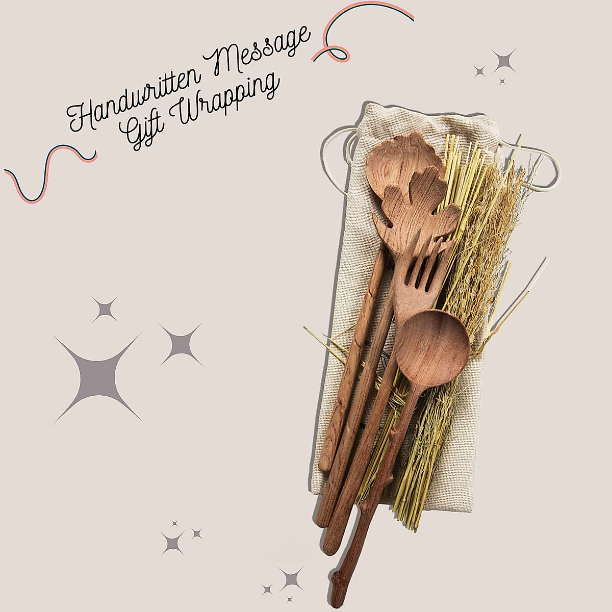 BVicHair 4 Wooden Spoons and Forks Set, Set Wooden Salad Spoons, Real Housewives Gifts, Kitchen Gifts for Women, Handmade Gifts for Mother's Day, Cute Kitchen Accessories, Unique Kitchen Gifts