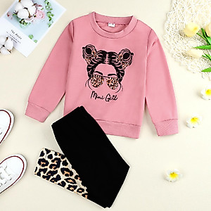 KIDLAGA Toddler Girl Clothes Figure Graphic Drop Shoulder Top Pullover Leopard Print Pants Fall Winter Outfit Set(5-6T)