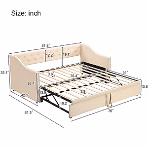 Twin Size Upholstered Daybed with Pop Up Trundle, Twin to King Size Day Bed, Trundle Can Be Flat Or Erected, Extendable Daybed Frame for Kids Teens (Beige-DB)