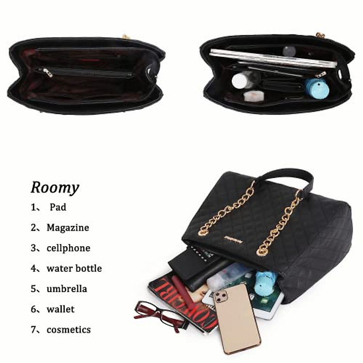 Montana West Shoulder Handbags for Women Quilted Tote Purse Ladies Designer Satchel Hobo Bag with Chain Strap Gift MWC-040BK