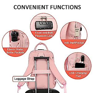 LOVEVOOK Laptop Backpack for Women, Travel Anti-theft Work Bag Business Computer Backpacks Purse College Bag, Casual Hiking Daypack with Lock, 15.6 Inch, Light Pink