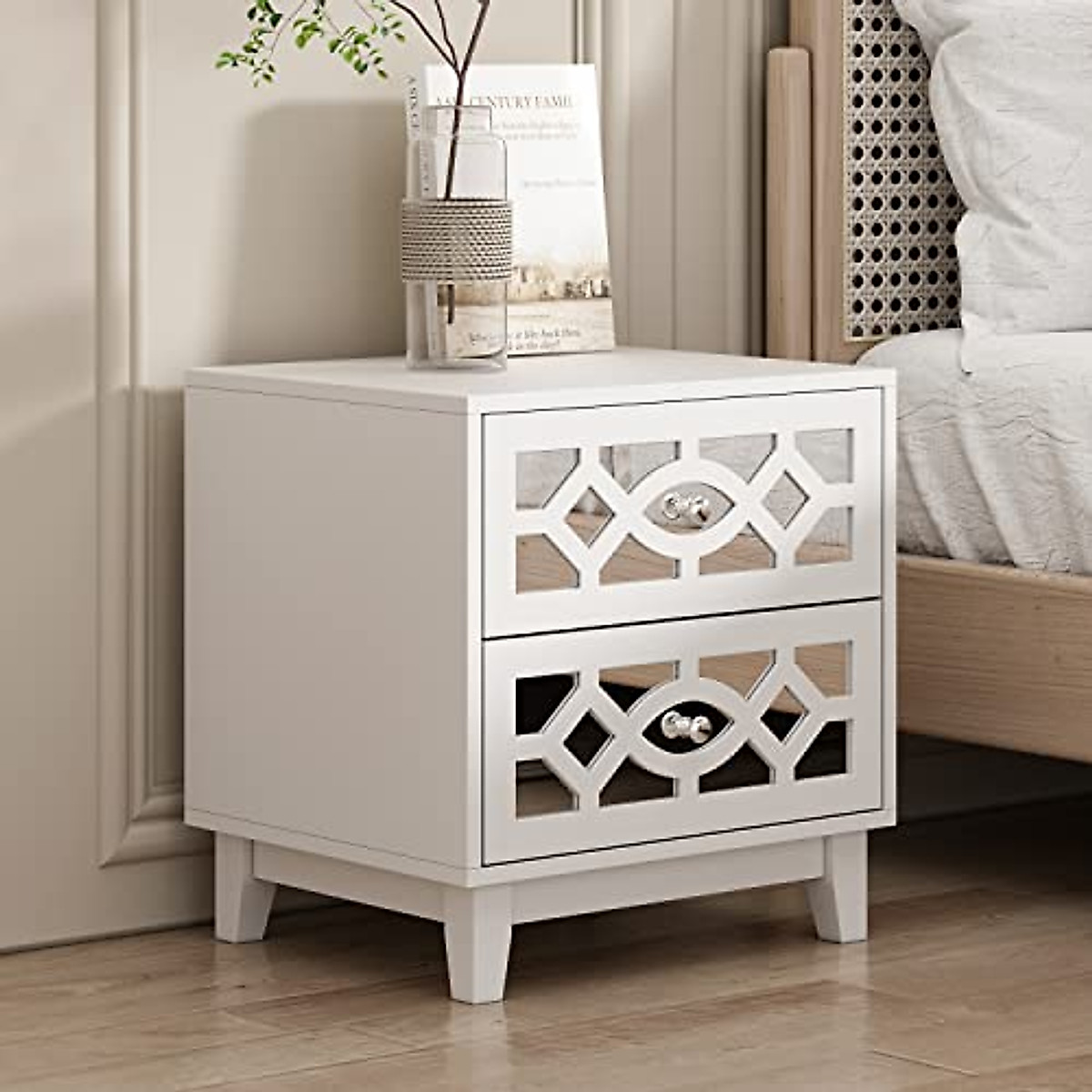 DiDuGo Nightstand with 2 Mirrored Drawers Set of 2, Wood End Table Bedside Table with Storage, Contemporary Style, Wooden Legs, for Bedroom White (18.9”W x 15.7”D x 19.7”H)