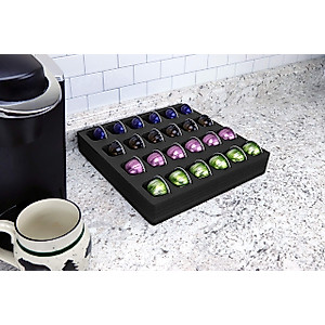Polar Whale 2 Coffee Espresso Capsule Drawer Organizer Tray Inserts Compatible with Nespresso Vertuo VertuoLine Kitchen Home Office Waterproof Washable Black Foam 24 Compartment 12.5 x 12.5 Inches