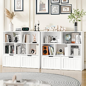 Toy Storage Organizer, Kids Bookshelf and Toy Storage with 2 Movable Drawers, Toy Chest Shelf Organizer with Hidden Wheels and 5 Storage Cubbies, Multifunctional Toy Organizer for Playroom, White