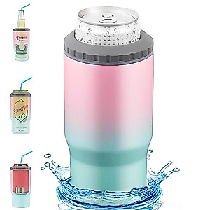 4 in 1 Can Cooler Water Bottle, 12oz Stainless Steel Beer Bottle with Straw Fits Slim Skinny Bottle & Can, Non-Slip | Pink