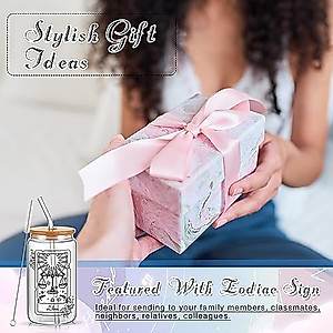 Uiifan 16 oz Zodiac Iced Coffee Glasses Beer Can Shaped Drinking Glasses Glass Cups with Lids and Straws Cleaning Brush Cute Drinking Jars Zodiac Gifts for Women Men Tea Soda (Libra Style)