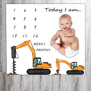 EARVO Baby Monthly Milestone Blanket Boy or Girl Construction Truck Baby Month Blanket with Wreath Frame Yellow Truck Milestone Blanket for Newborn to 12 Months Milestones 48”x48”BTZDEA10